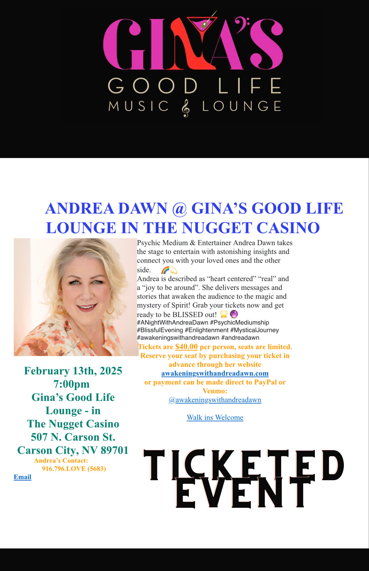 Psychic Medium Andrea Dawn | Gina’s Good Life Music & Lounge - Carson Now